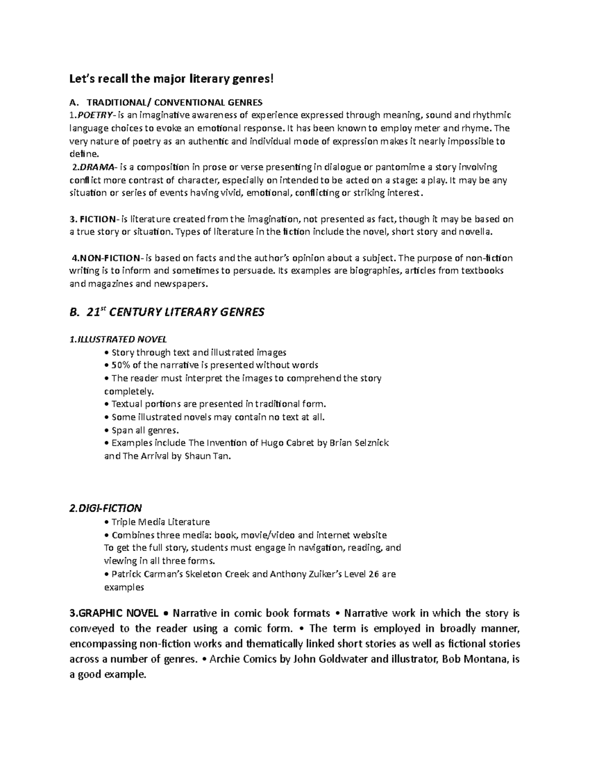 Lit - literature grade 12 - Let’s recall the major literary genres! A ...