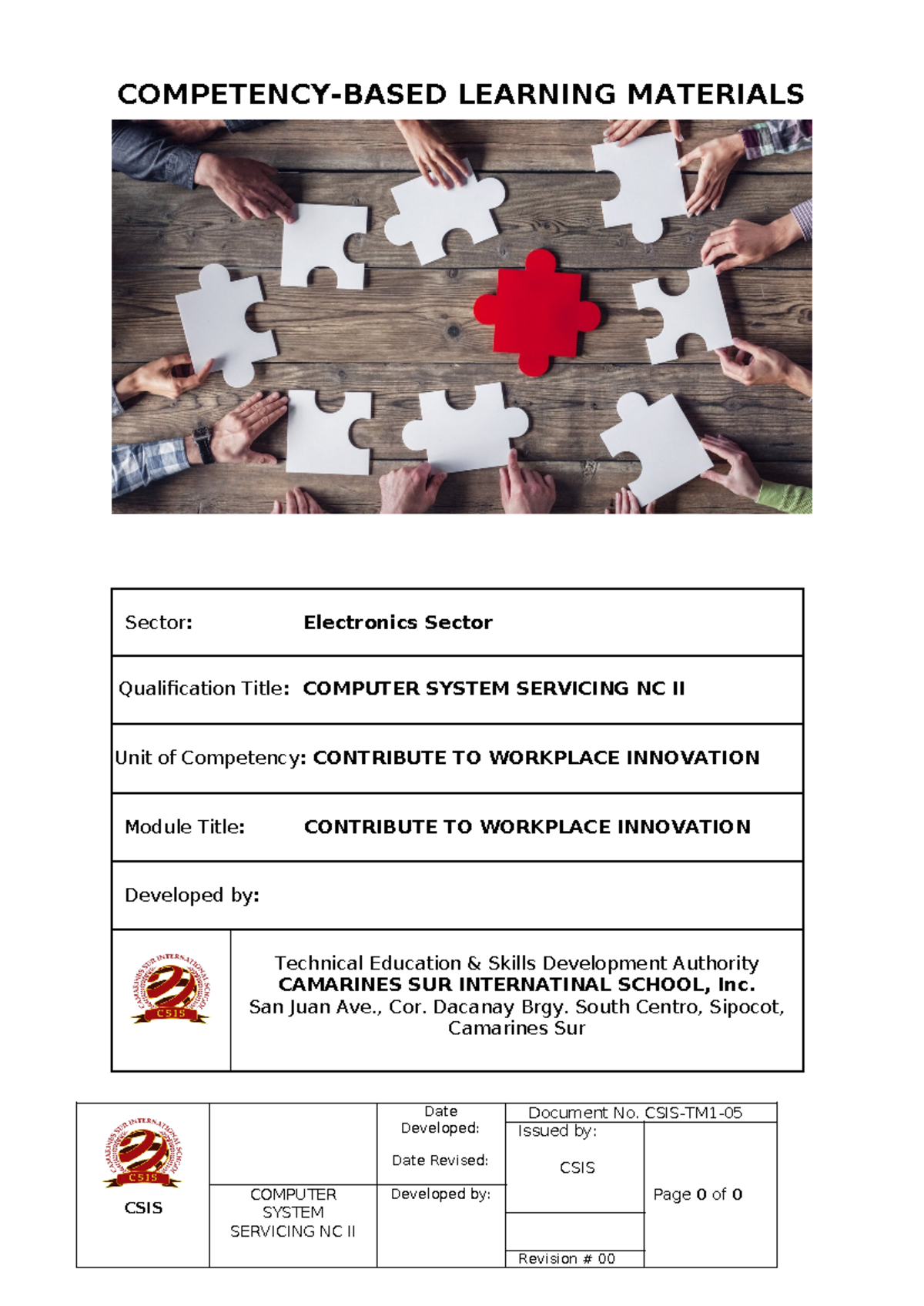Contribute TO Workplace Innovation - COMPETENCY-BASED LEARNING MATERIALS Sector: Electronics ...
