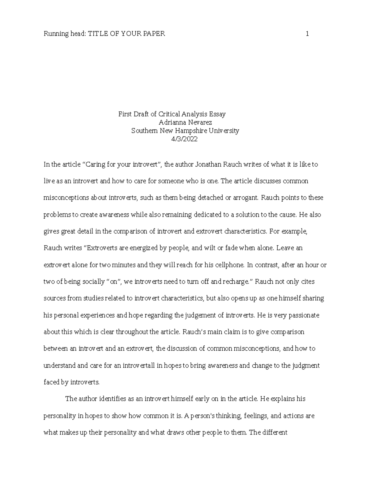 Critical analysis essay - Running head: TITLE OF YOUR PAPER 1 First ...
