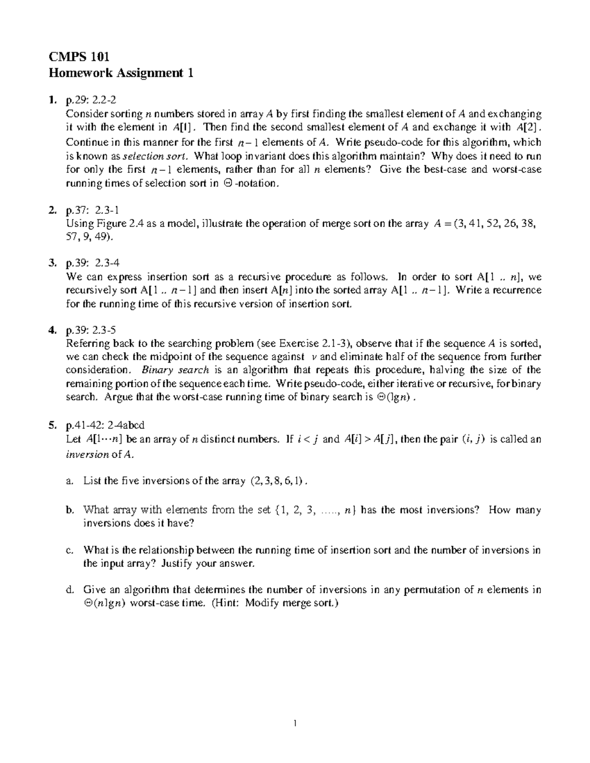 Hw1 Hw1 Cmps 101 Homework Assignment 1 1 P Consider Sorting N Numbers Stored In Array A