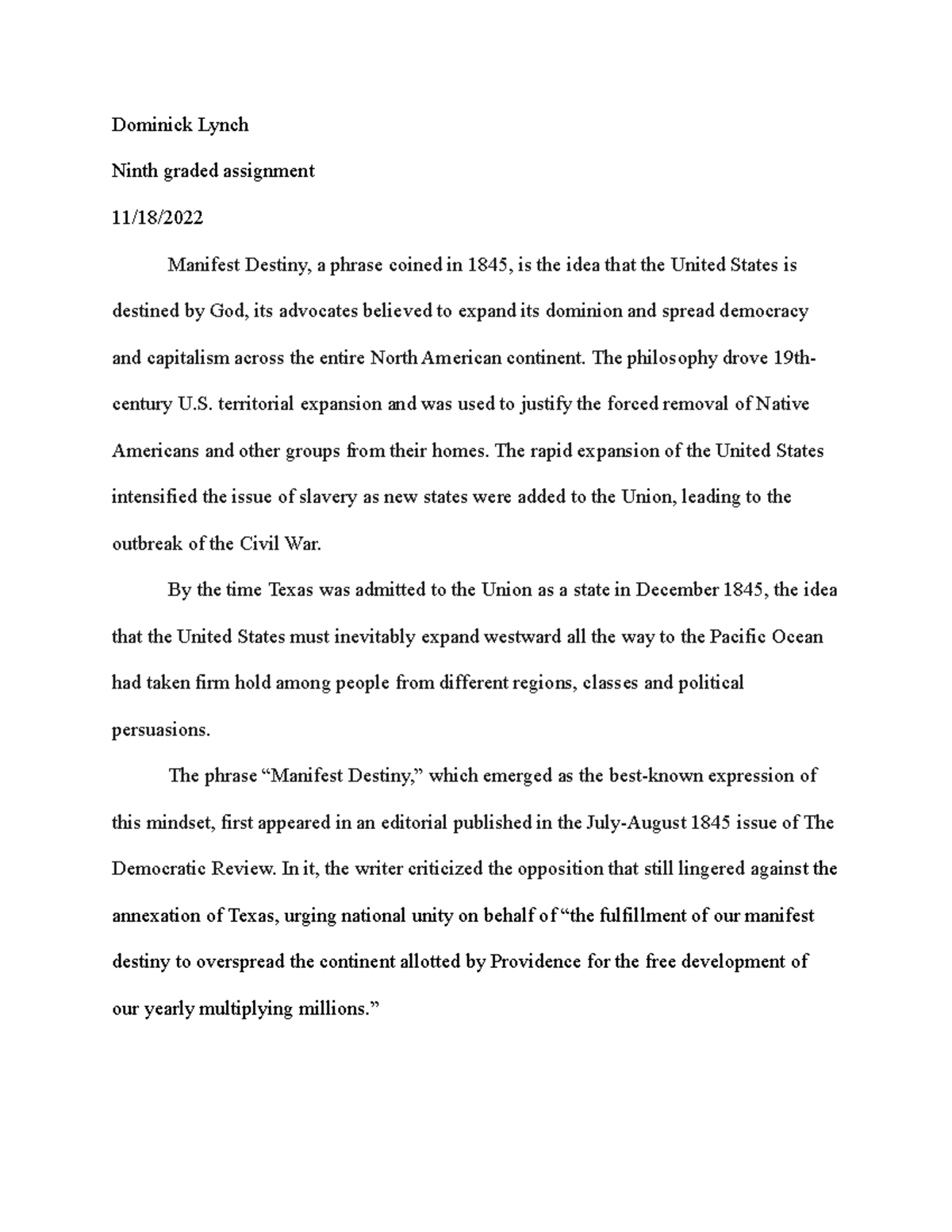 History 1153 Assignment 9 - Dominick Lynch Ninth graded assignment 11 ...