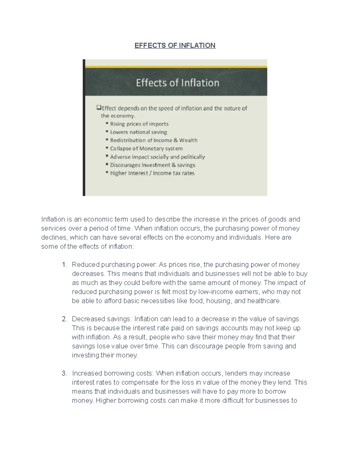 Effects OF Inflation - EFFECTS OF INFLATION Inflation is an economic ...