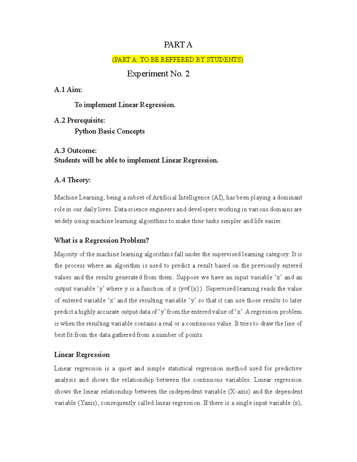 B55MLExp 2 - machine learning - PART A (PART A: TO BE REFFERED BY STUDENTS) Experiment No. 2 A ...