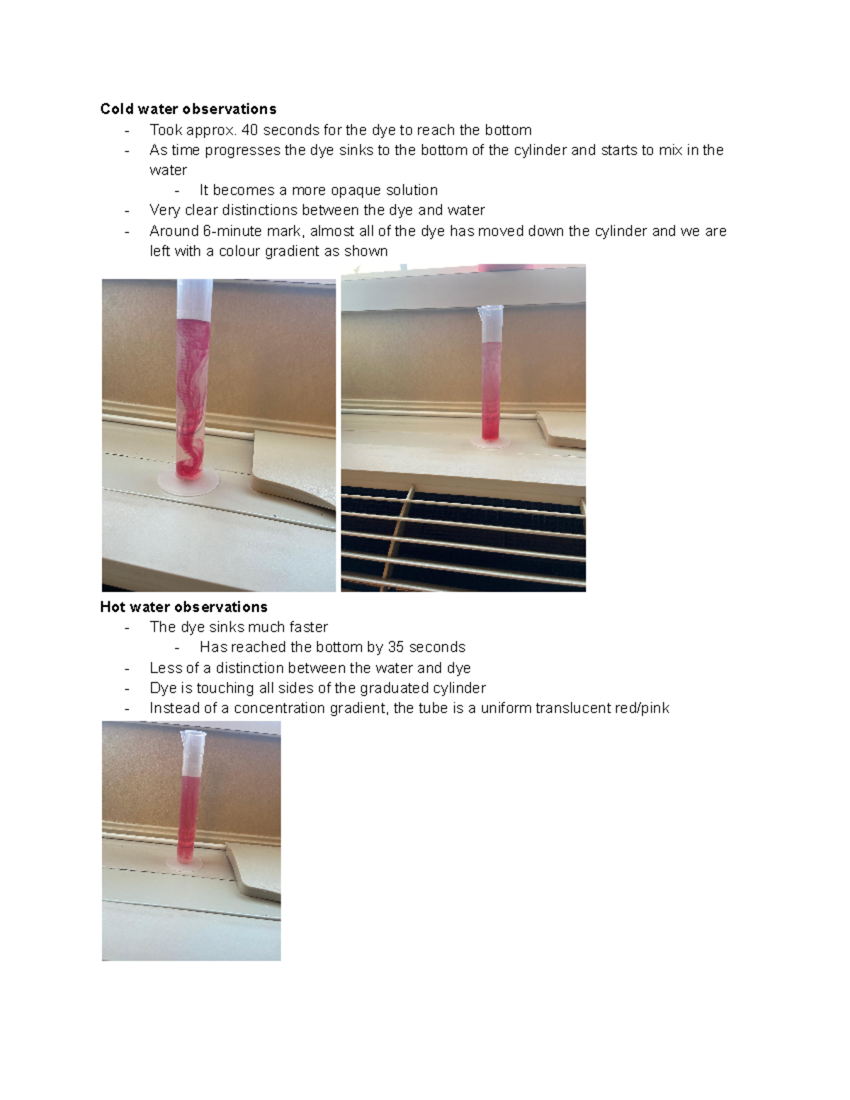 Lab 5 PHYS 1080 - Cold water observations - Took approx. 40 seconds for ...