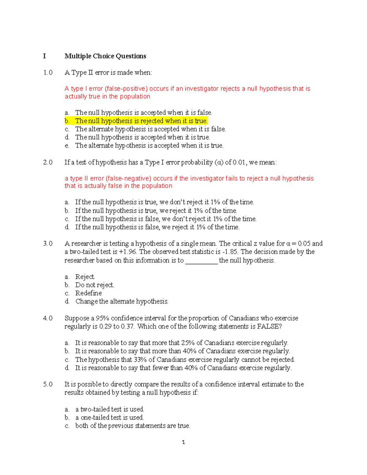 Mock Midterm - F2022 Answers - I Multiple Choice Questions 1 A Type II error is made when: A ...