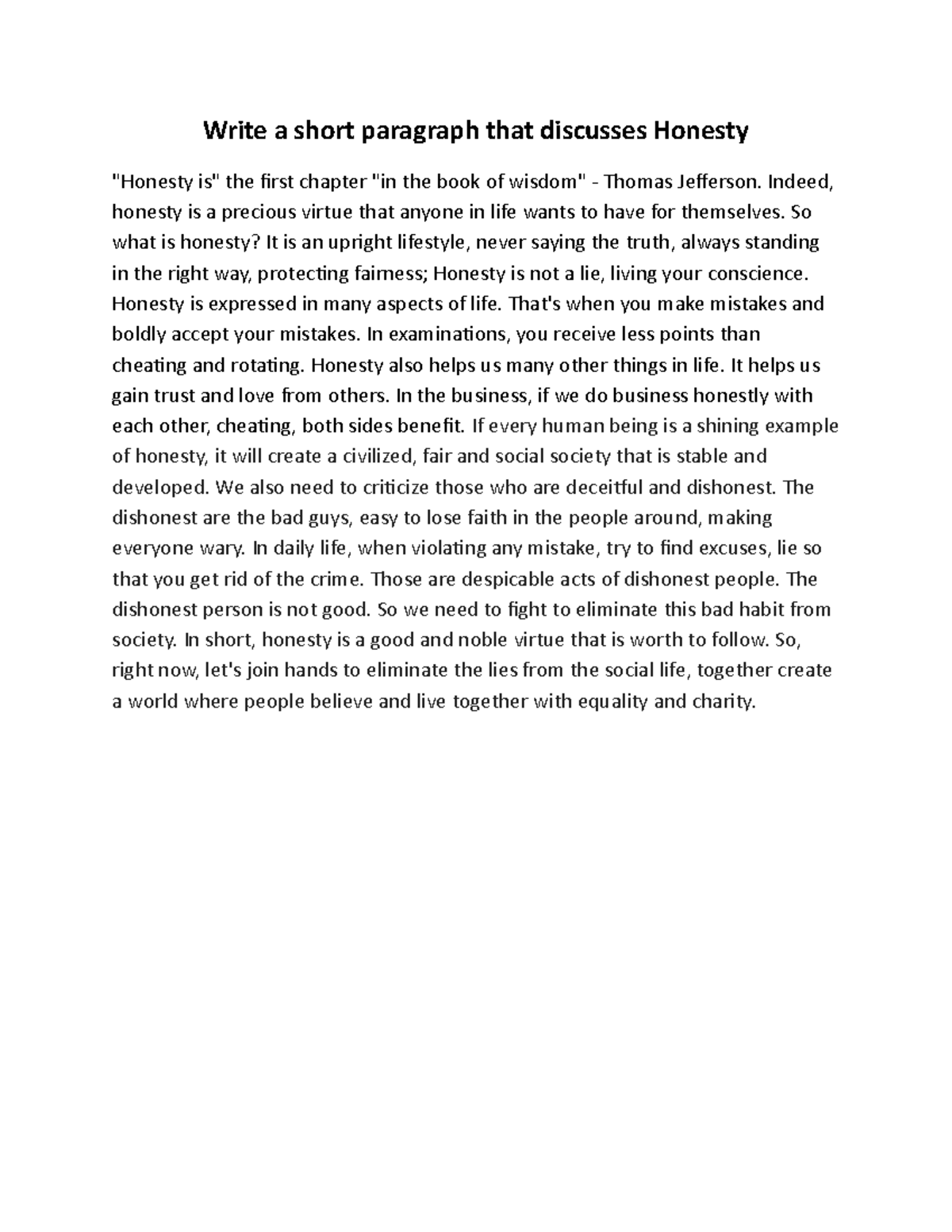 Write A Short Paragraph That Discusses Honesty Write A Short
