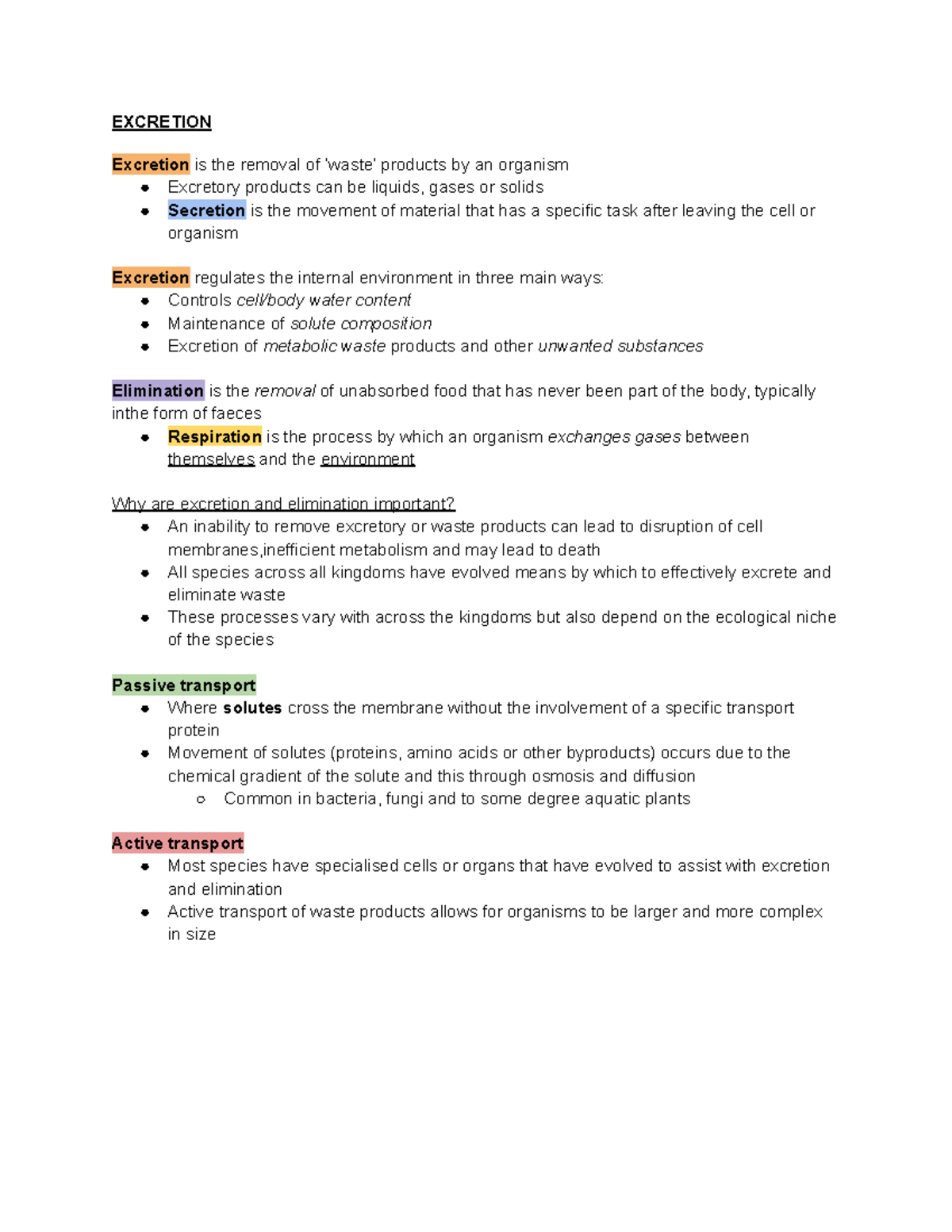 Topic 1 Excretion - notes - BIOL10011 - Unimelb - Studocu
