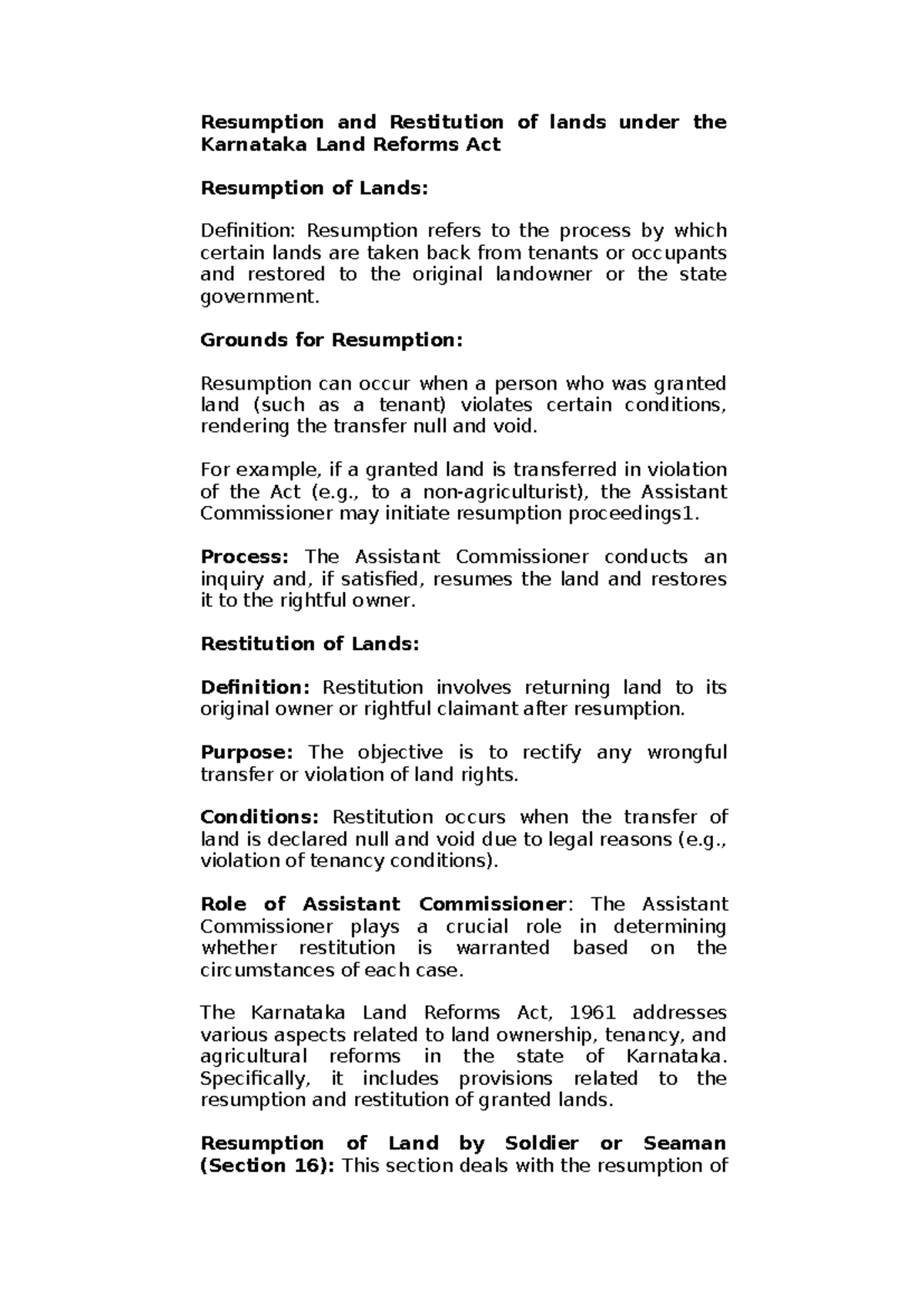 Resumption and Restitution of Land - Grounds for Resumption: Resumption ...