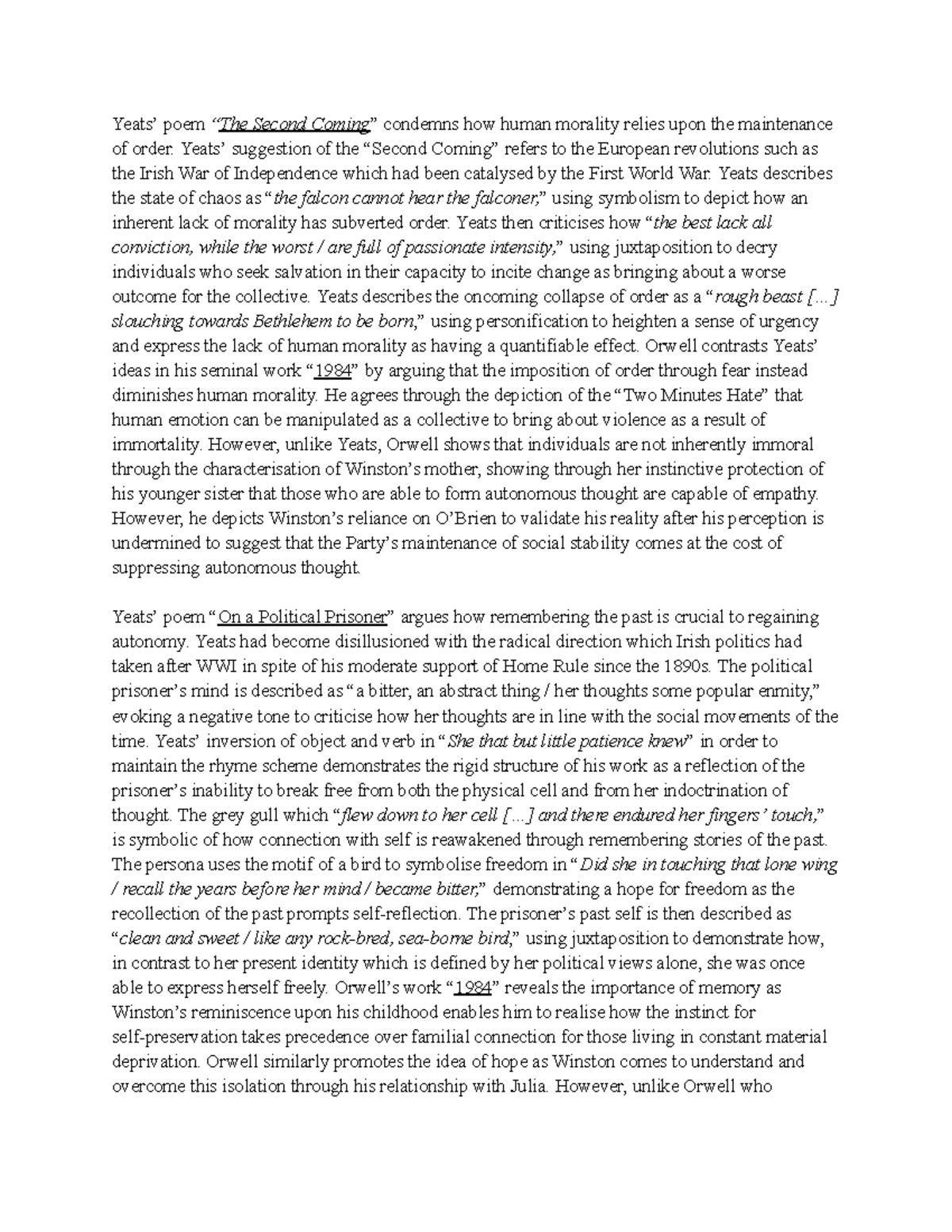 Common Module - 1984 and related text paragraph - Yeats’ poem “The ...