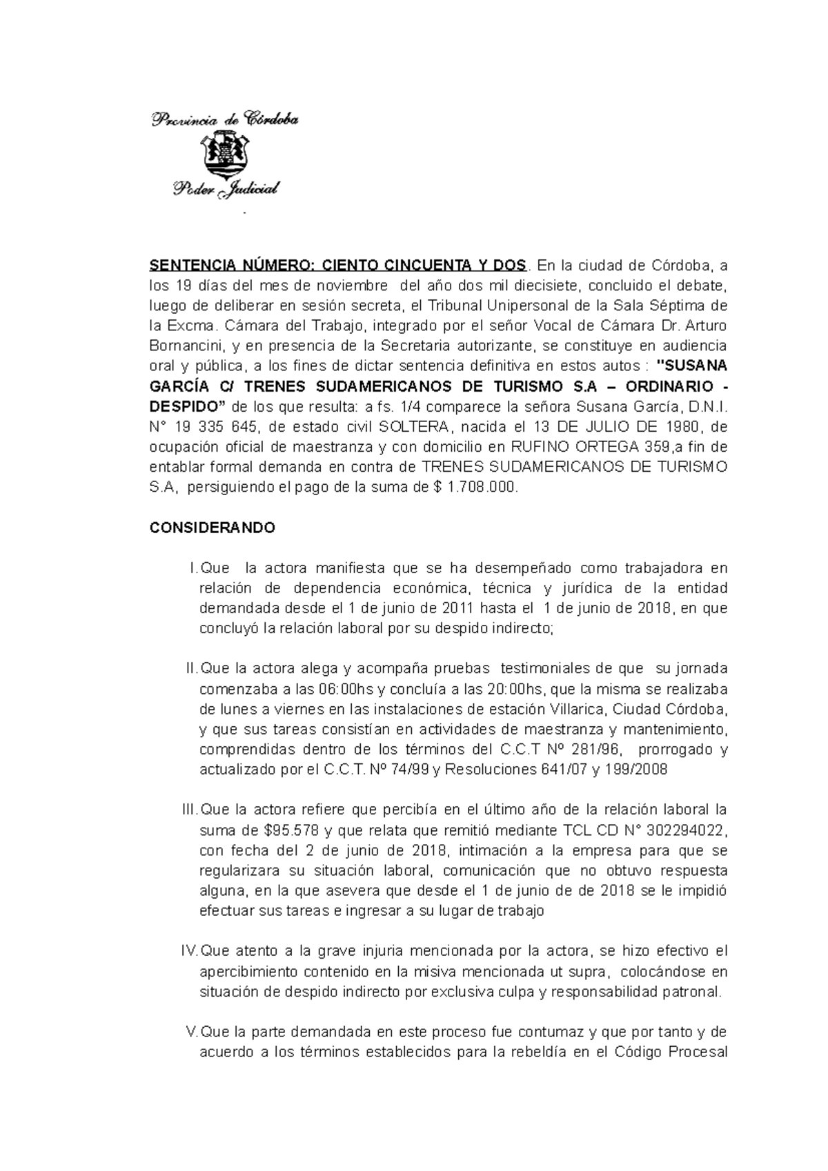 Modelo de sentencia - SENTENCIA NÚMERO: CIENTO CINCUENTA Y DOS. En la ...