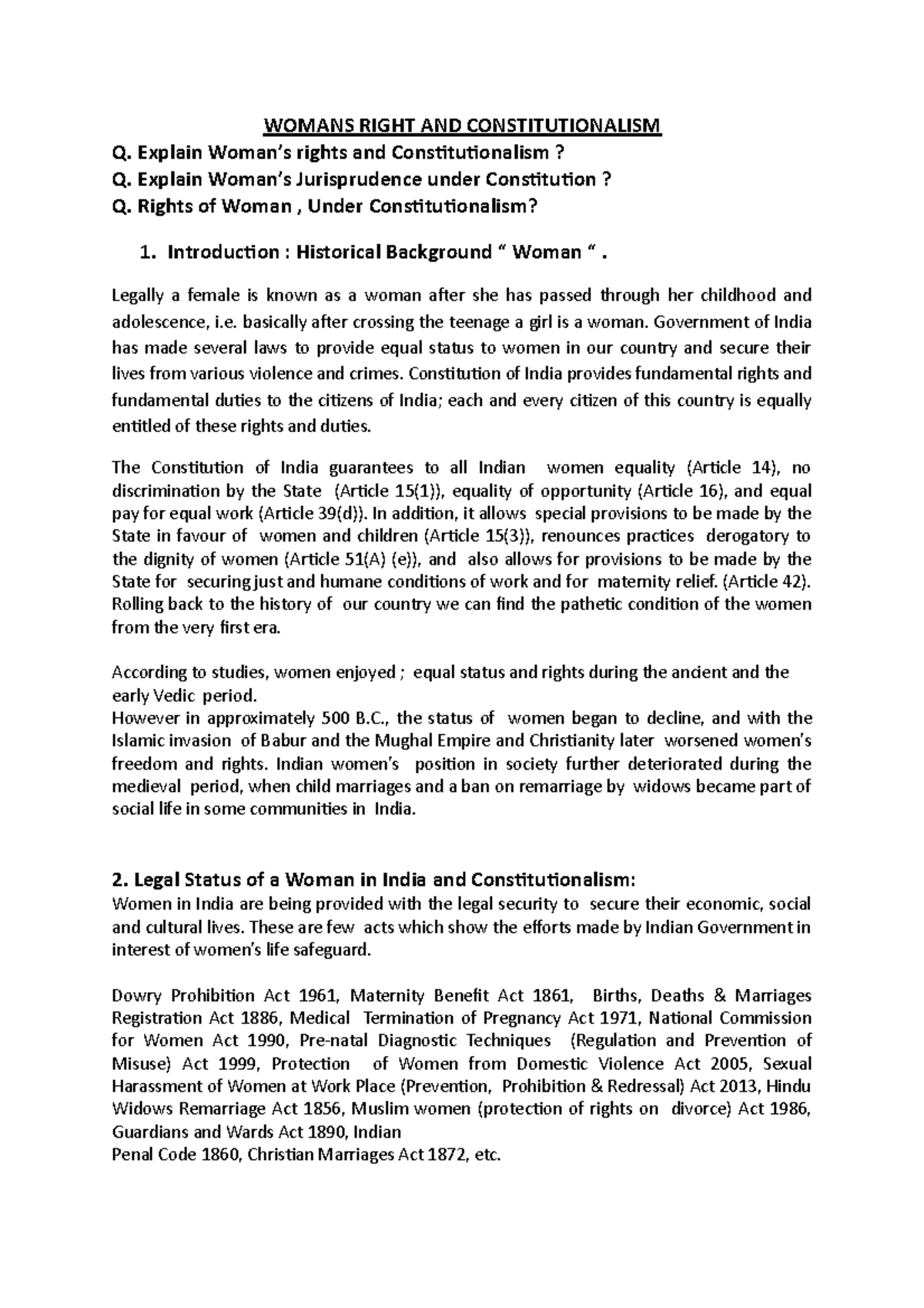 Womens right and constitution - WOMANS RIGHT AND CONSTITUTIONALISM Q ...