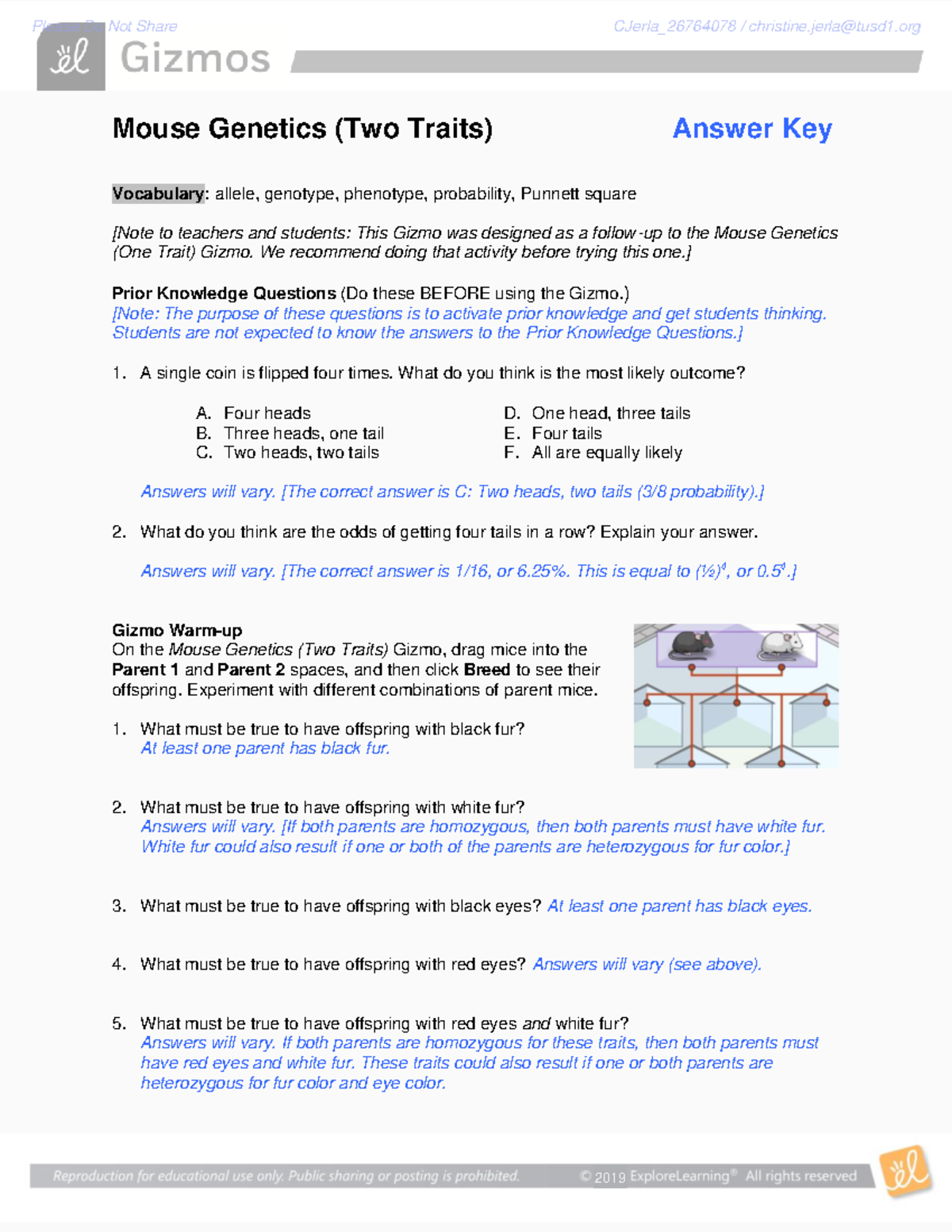 Mouse Genetics 2SE Key - Mouse Genetics (Two Traits) Answer Key ...