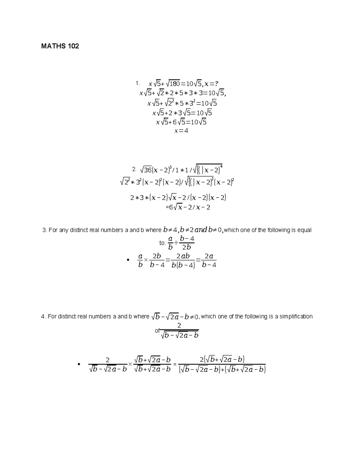 Maths 102 - Summary Functioning in Mathematics - MATHS 102 х √ 5 + √ ...