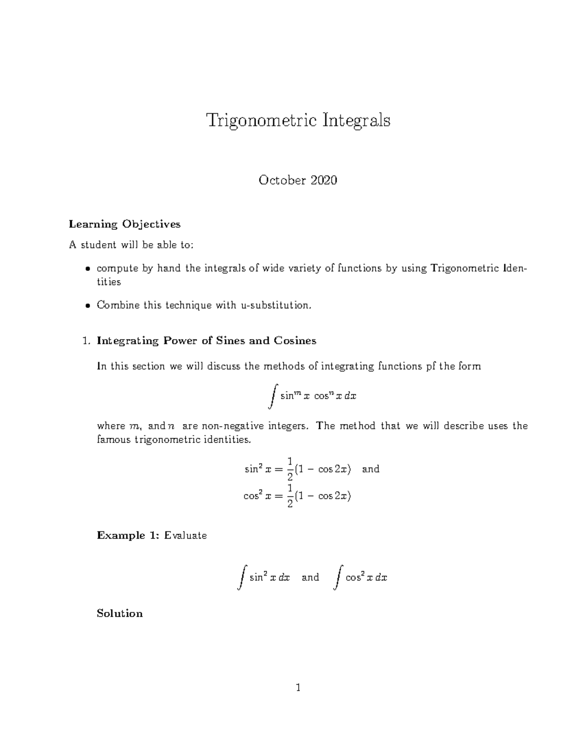 Trigonometric Integrals - Trigonometric Integrals October 2020 Learning ...