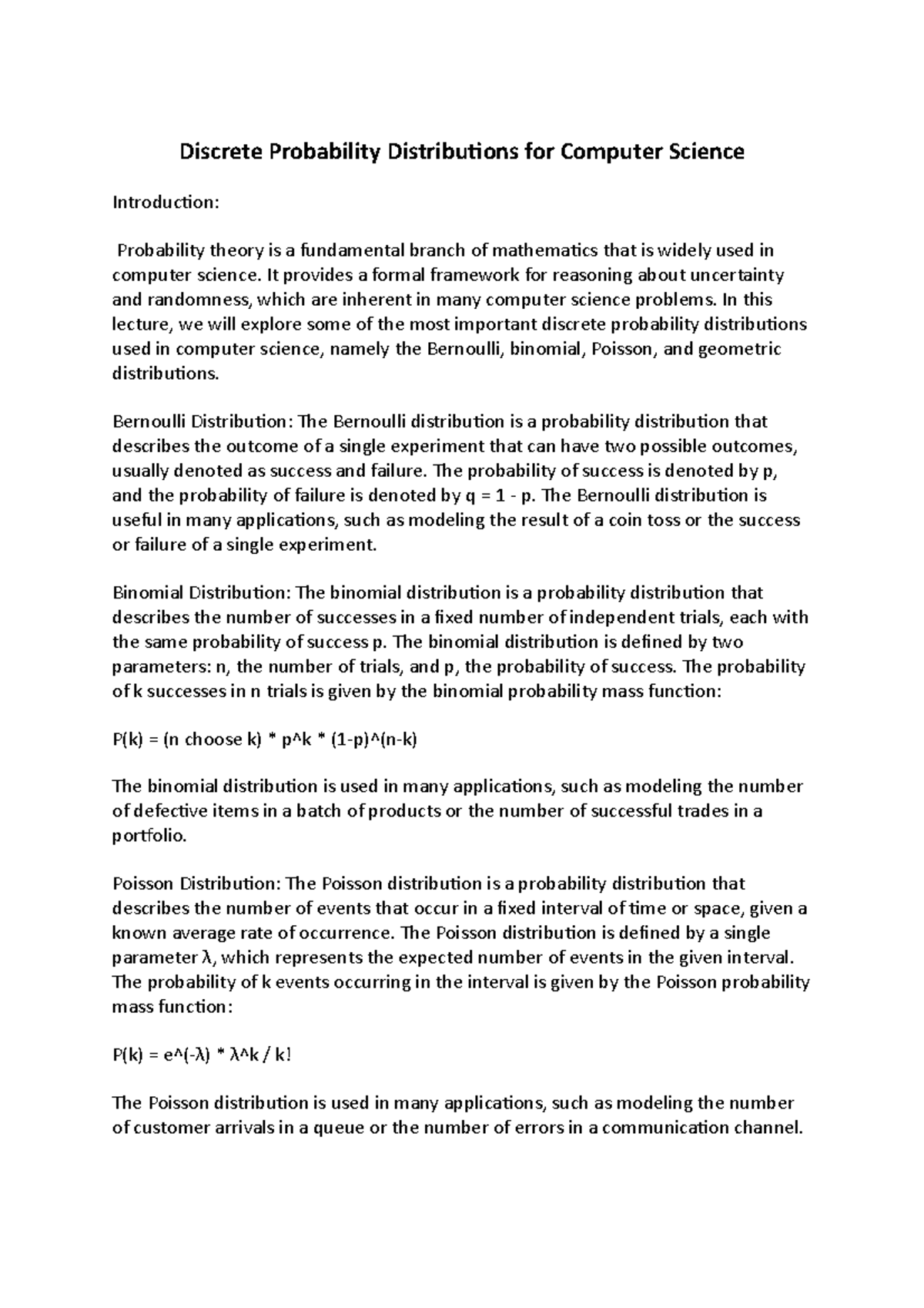 Discrete Probability Distributions for Computer Science - Discrete ...
