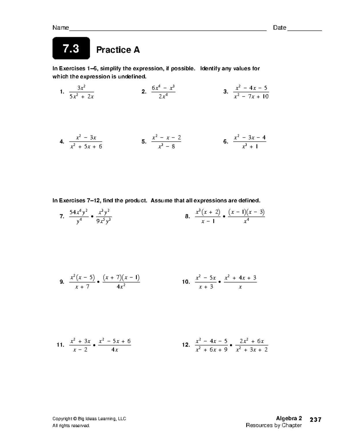 Ws 7.3 practice a 1718 bim 2 - Copyright © Big Ideas Learning, LLC ...