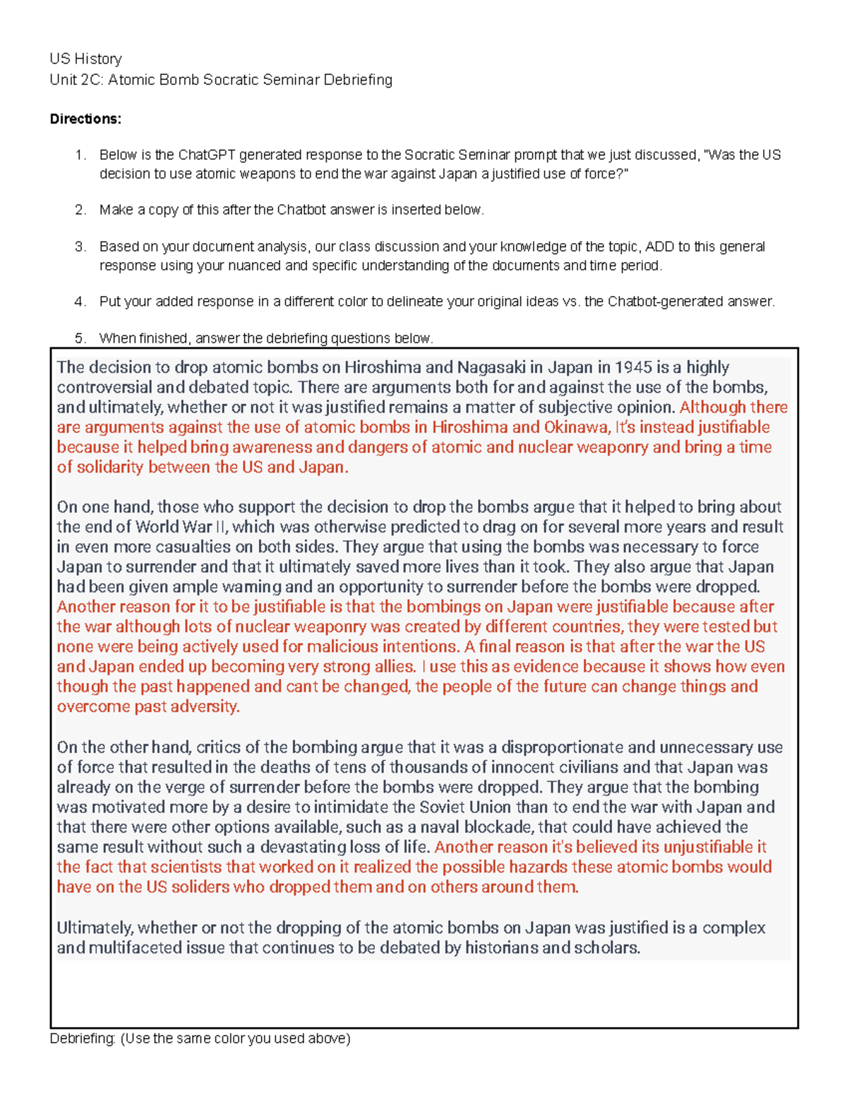 Atomic Bomb Socratic Seminar Debriefing - US History Unit 2C: Atomic ...