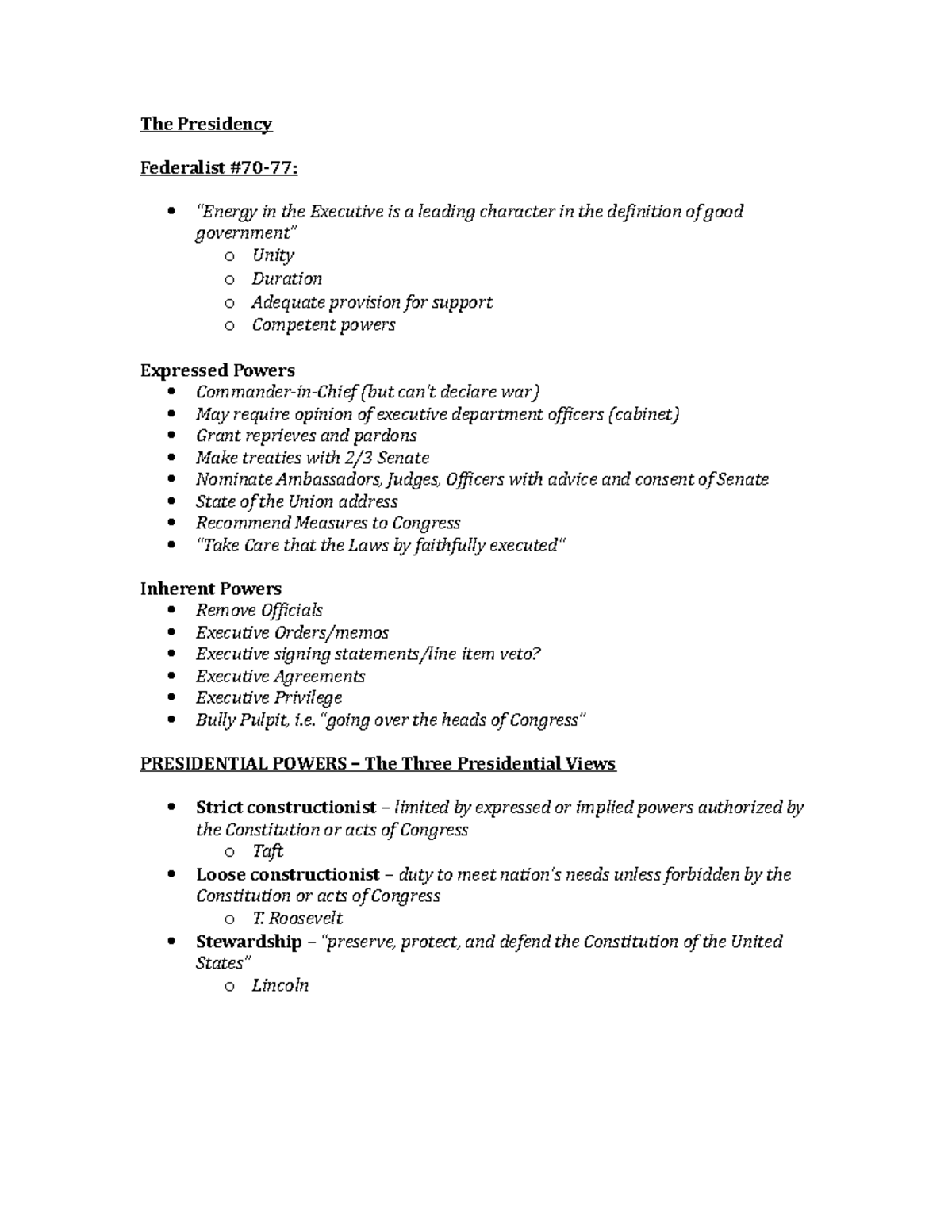 11-03 Lecture Notes - The Presidency Federalist #70-77: “Energy in the ...