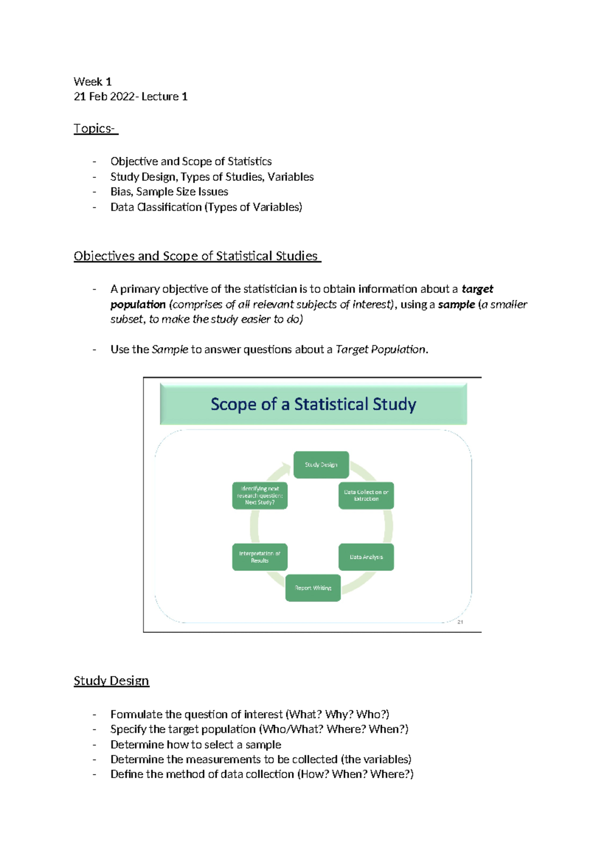 Week 1 - stat - Week 1 21 Feb 2022- Lecture 1 Topics- Objective and Scope of Statistics Study ...