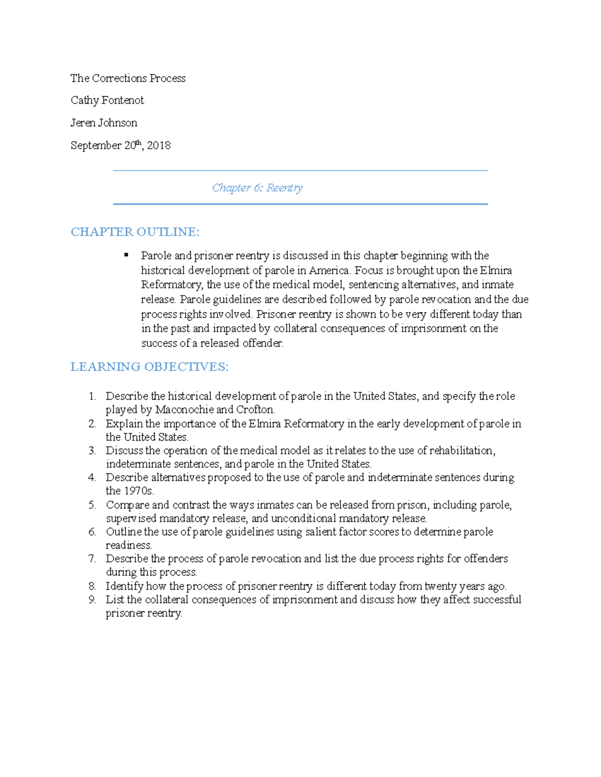Chapter 6 notes - The Corrections Process Cathy Fontenot Jeren Johnson ...