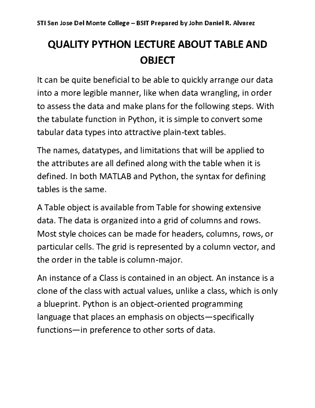 Quality Python Lecture About Table And Object Quality Python Lecture