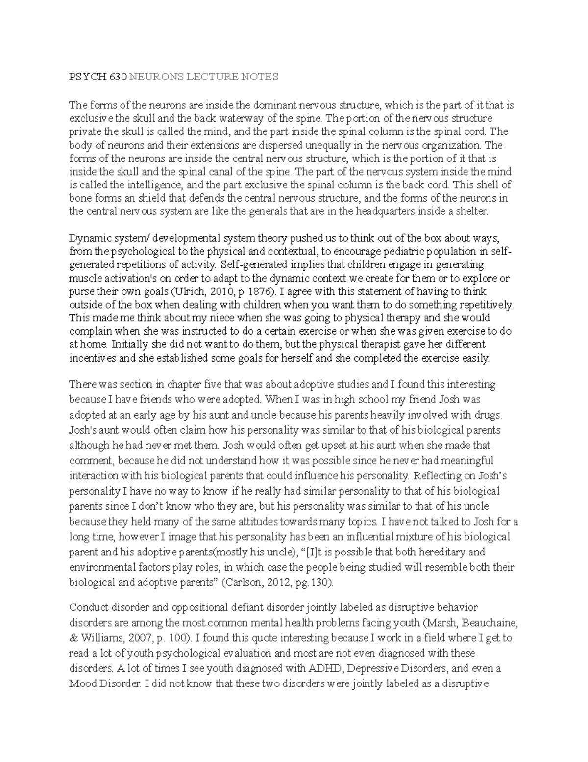 PSYCH 630 Neurons Lecture Notes - PSYCH 630 NEURONS LECTURE NOTES The ...