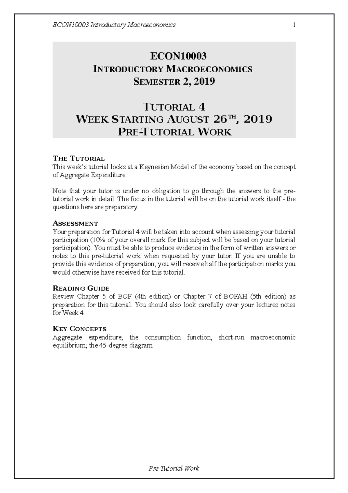 T4 Pretutorial 2019 - pre tutorial work - ECON10003 Introductory Macroeconomics ECON ...