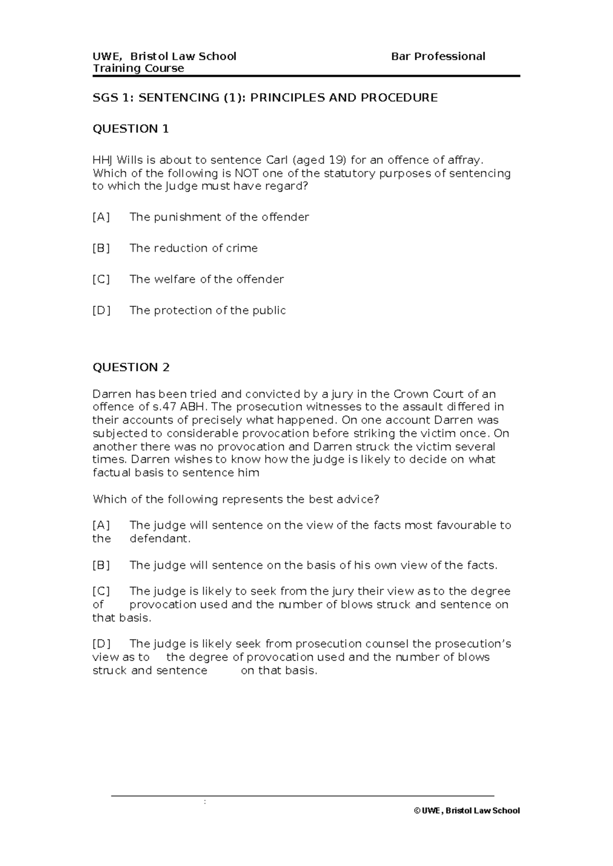 CLS 1 Online MCQs 1920 Complete - Training Course SGS 1: SENTENCING (1 ...