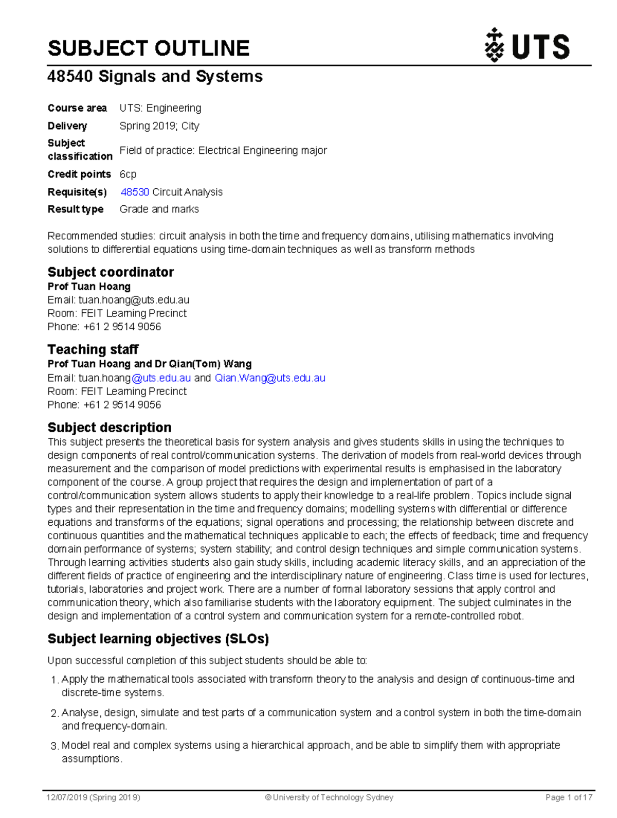Signals and Systems subject outline - SUBJECT OUTLINE 48540 Signals and ...