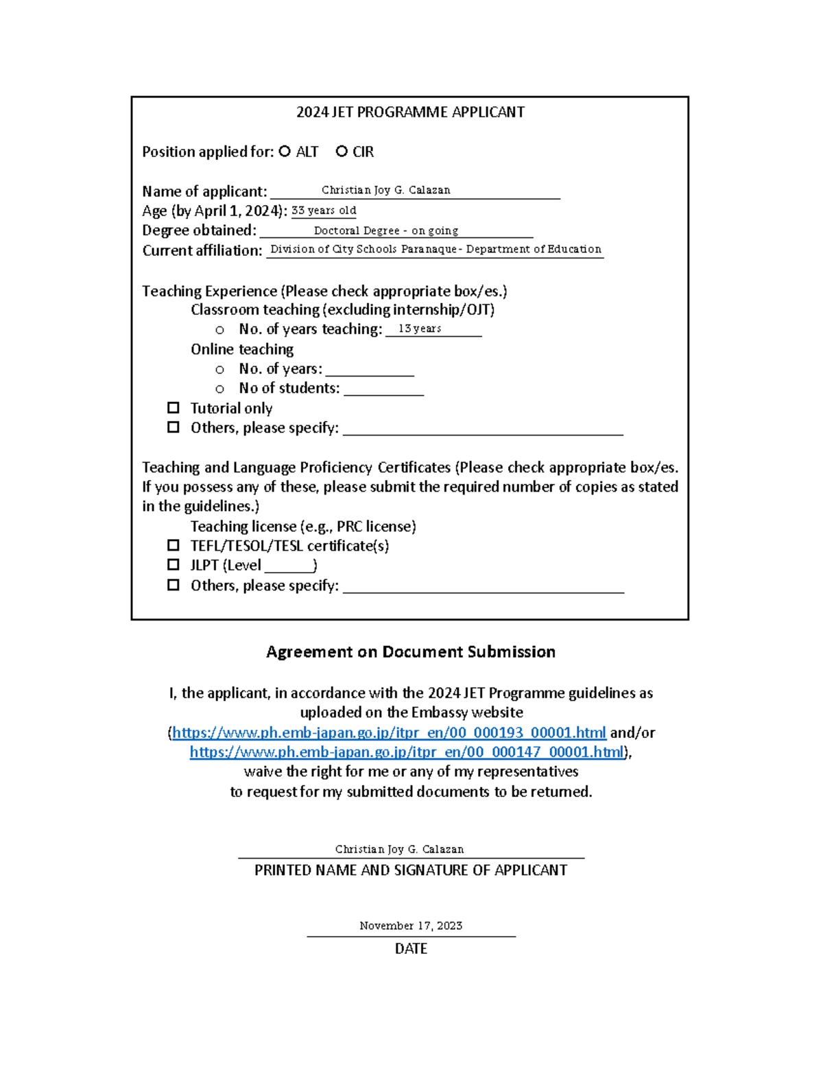 Information Slip and Agreement of Document Submission - Agreement on ...