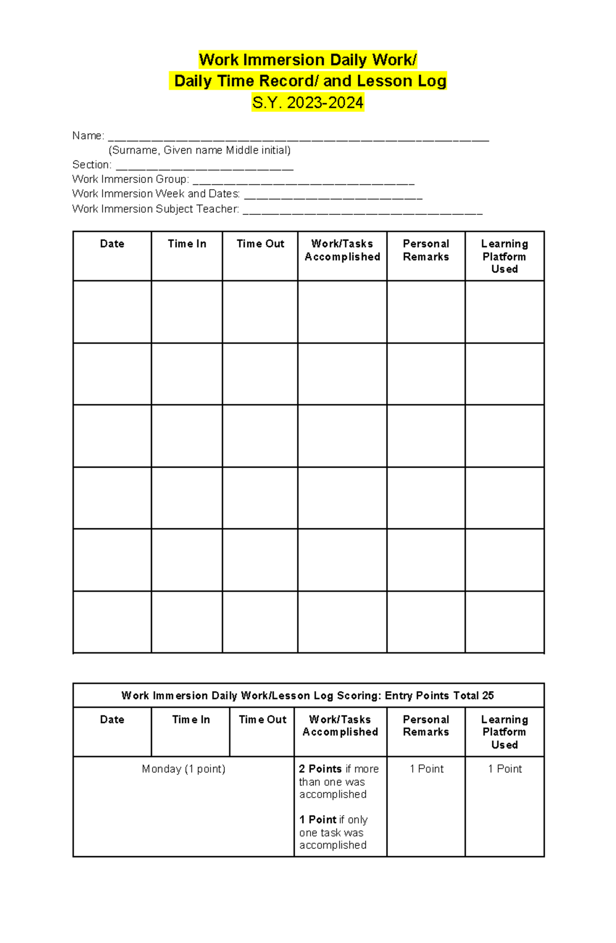 Work Immersion Daily Log Daily Activities - Work Immersion Daily Work ...