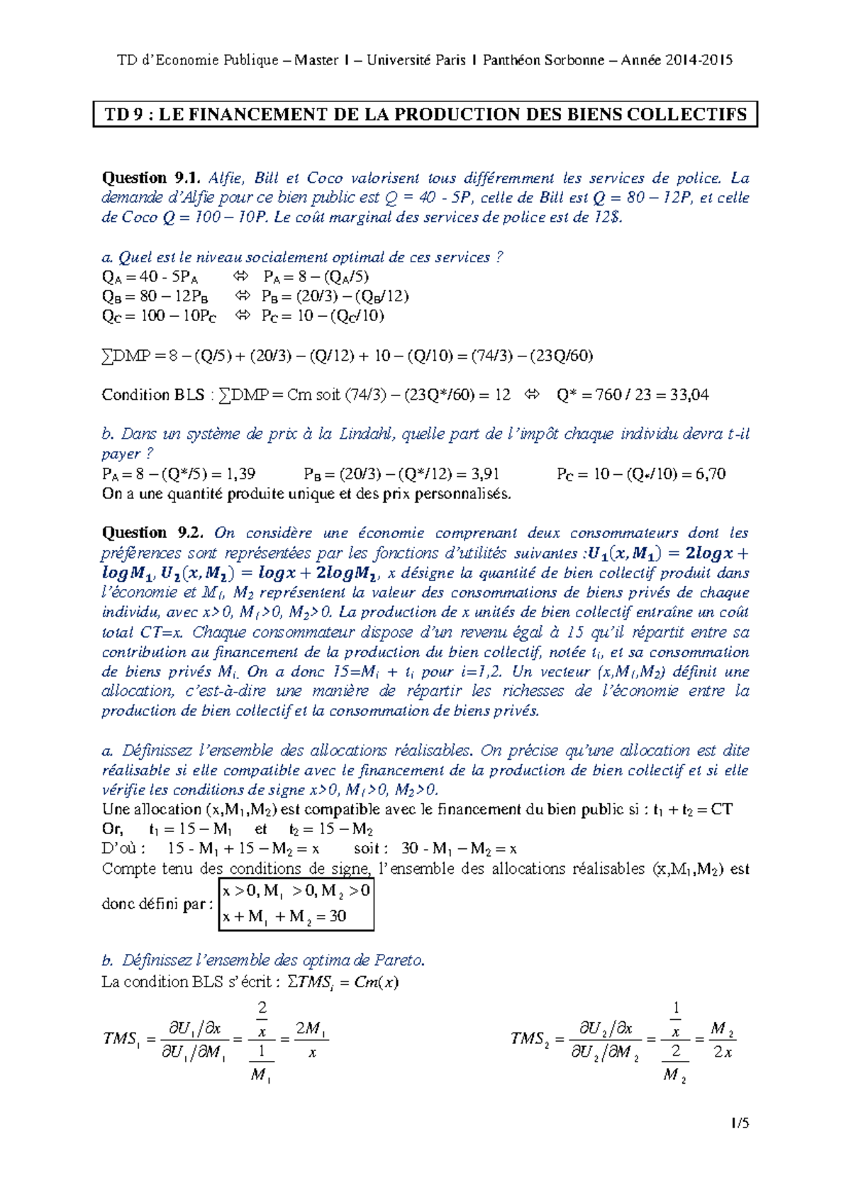 2016 EP Corrige TD 9 - Correction - TD d’Economie Publique – Master 1 – Université Paris 1 ...