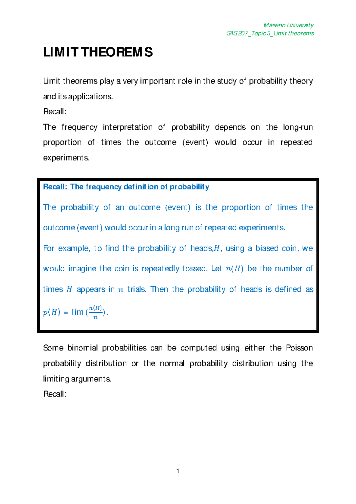 Topic 3 Limit Theorems Lecture Notes 3 Sas 207topic 3limit T