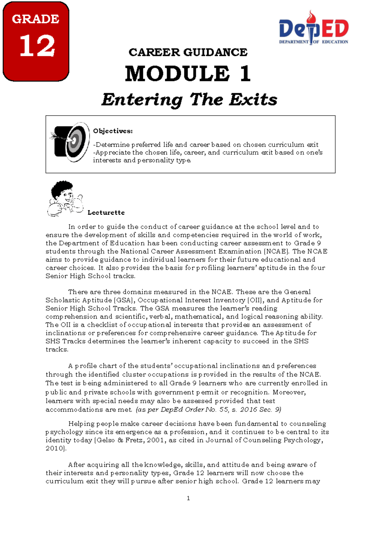 Career Guidance CG12 Module 1 - 1 CAREER GUIDANCE MODULE 1 Entering The ...