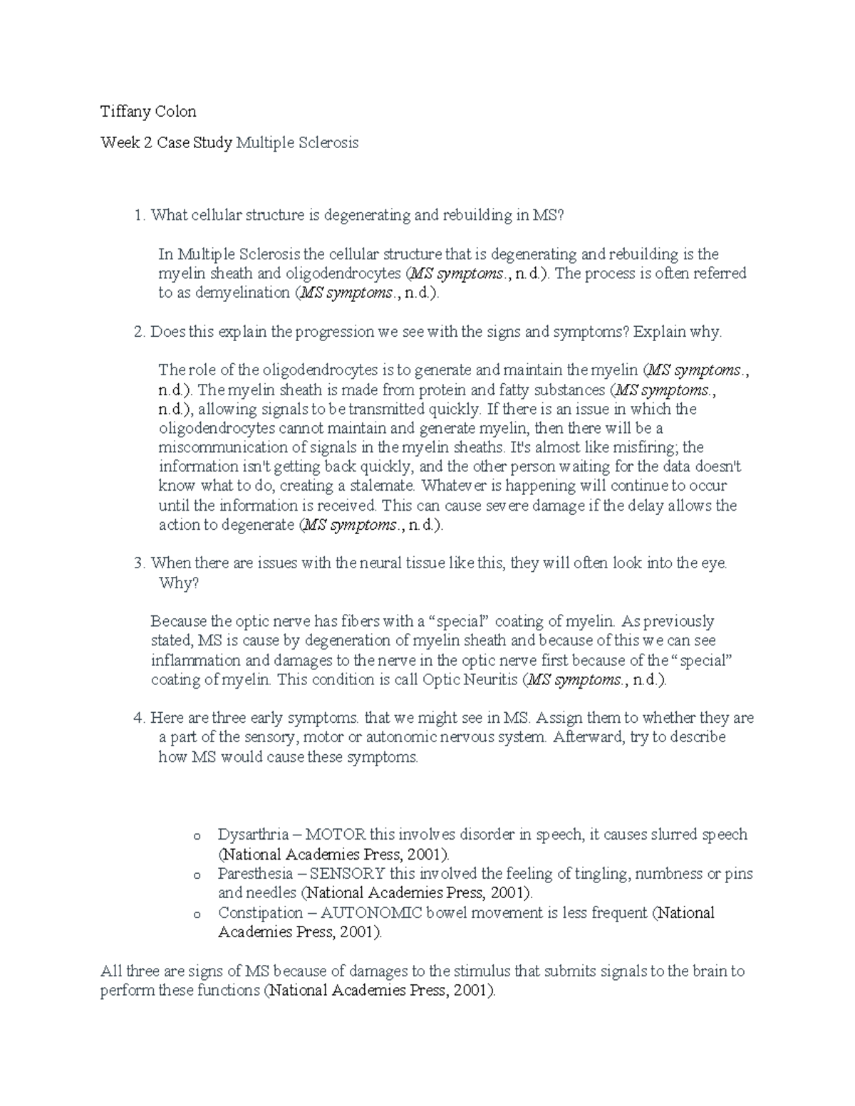 Case Study 2 Nervous System-1 - Tiffany Colon Week 2 Case Study ...