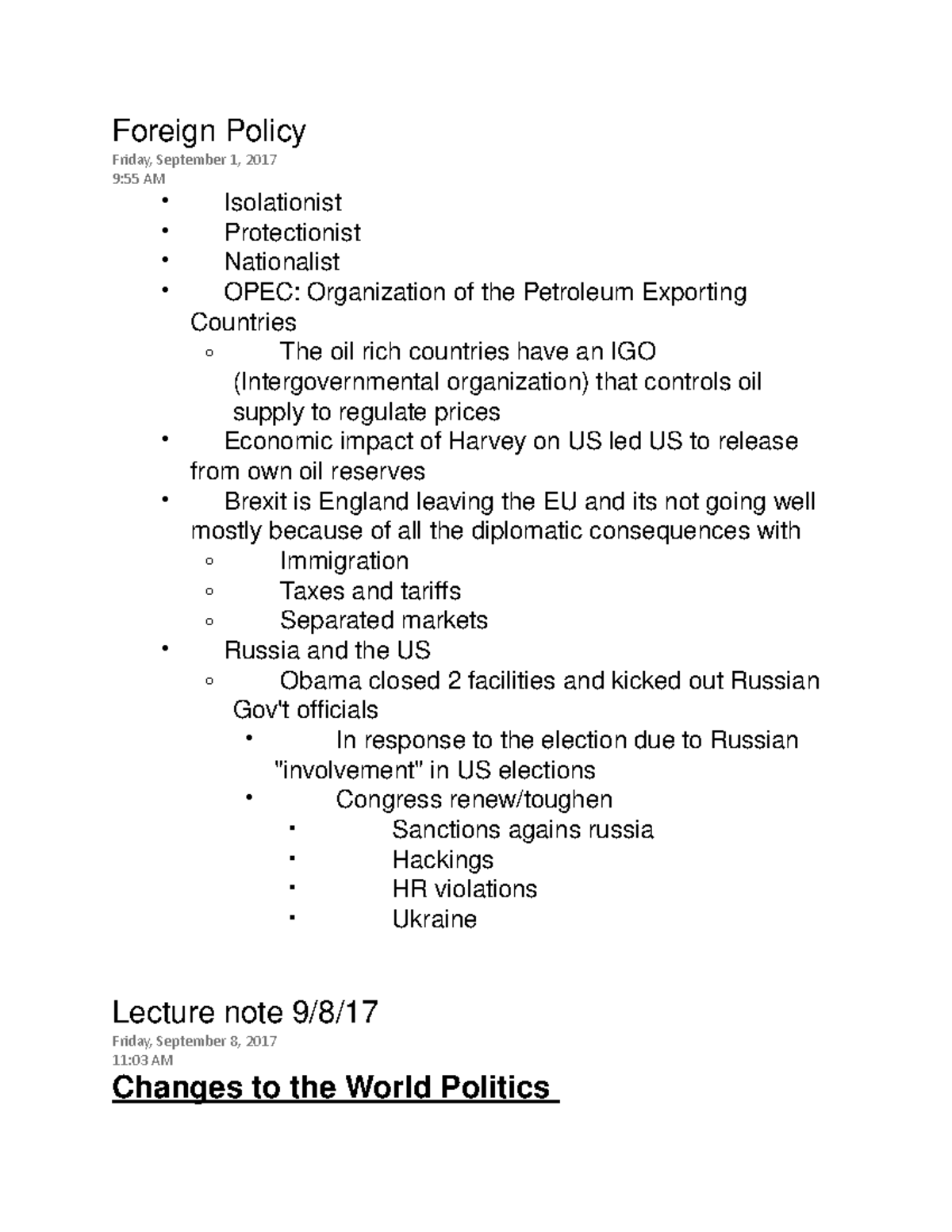 Hastings Lecture notes - Foreign Policy Friday, September 1, 2017 9:55 ...