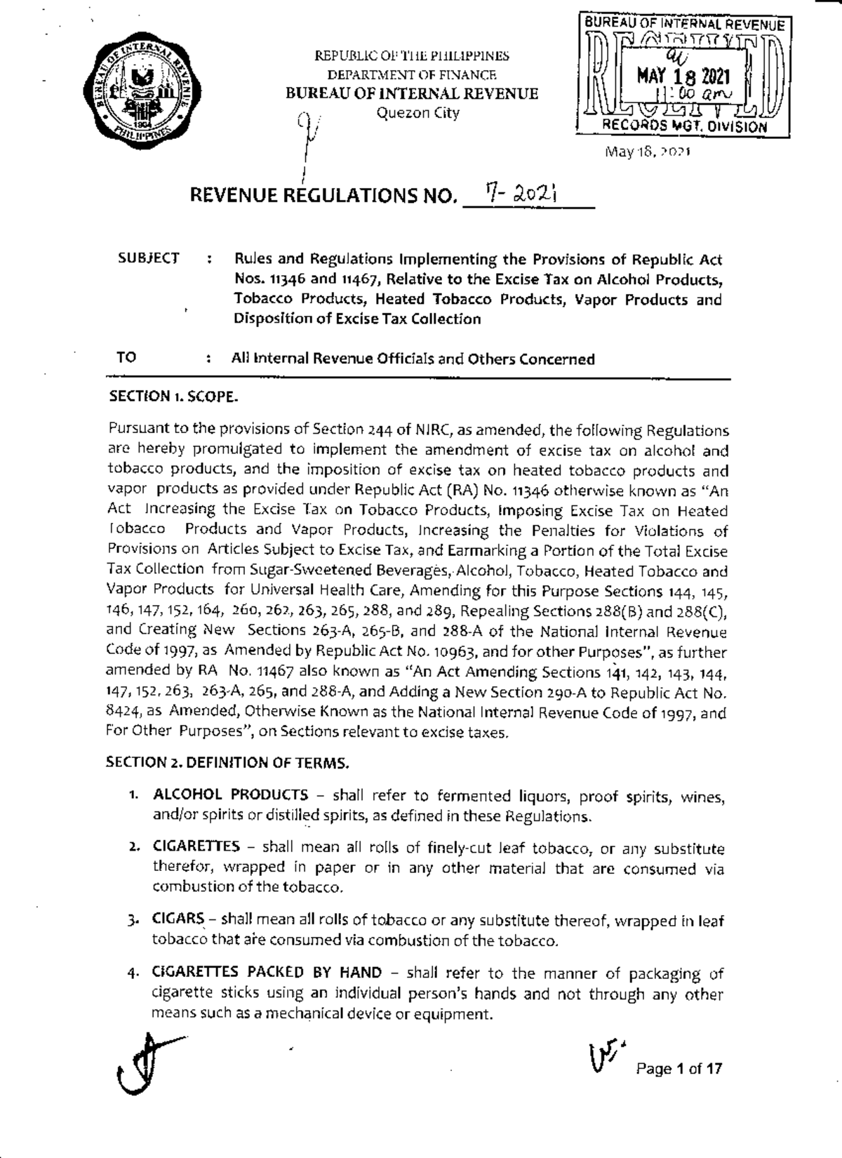 RR No. 7-2021 Alcohol and Tobacco - REPUBLIC OF THE PHILIPPINES ...