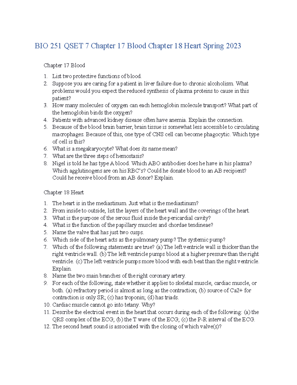 BIO 251 QSET 7 Chapter 17 Blood Chapter 18 Heart Spring 2023 - BIO 251 QSET 7 Chapter 17 Blood ...