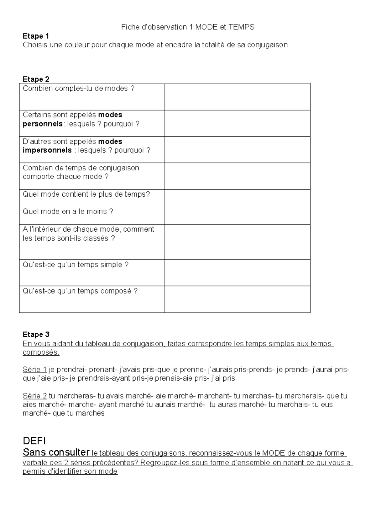 Fiche MODE et Temps - Fiche d’observation 1 MODE et TEMPS Etape 1 ...