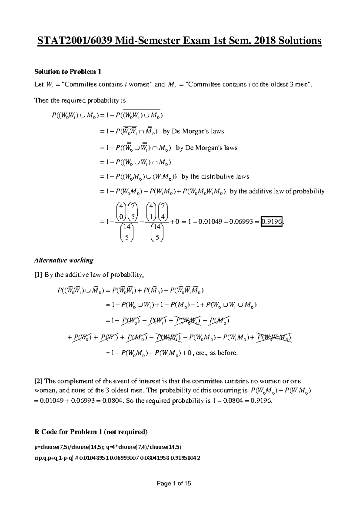 Mid Exam April 2018, answers - STAT2001/6039 Mid-Semester Exam 1st Sem ...