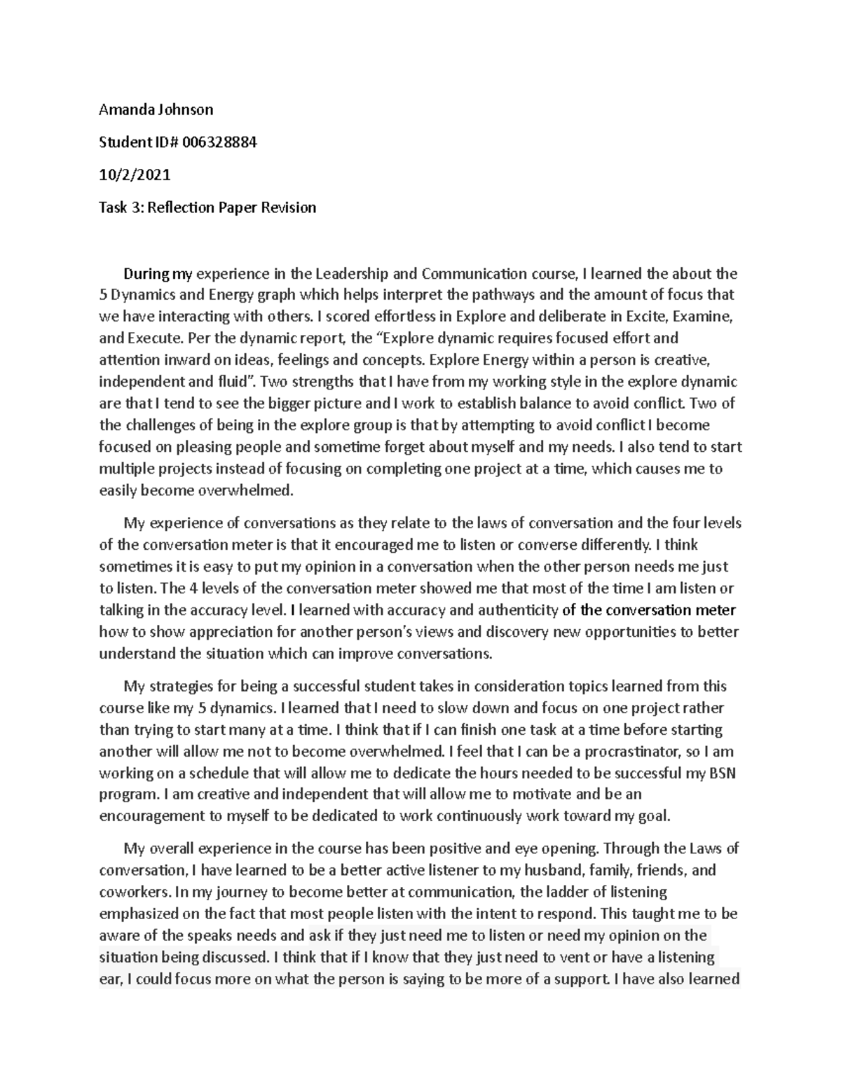 TASK 3 Reflection Paper - Amanda Johnson Student ID# 006328884 10/2 ...