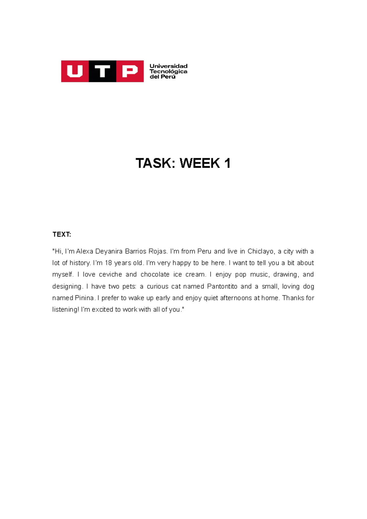 TEXT WEEK 1- Ingles II - TASK: WEEK 1 TEXT: "Hi, I’m Alexa Deyanira ...
