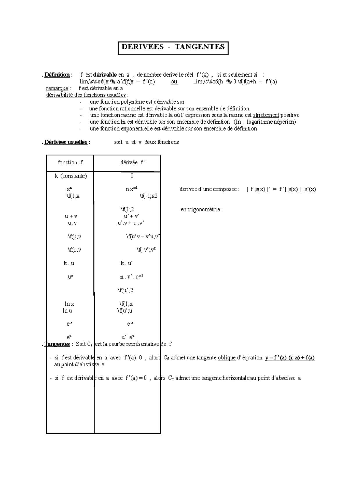 Fiche dérivées - tangentes - DERIVEES - TANGENTES . Définition : lim;\s ...