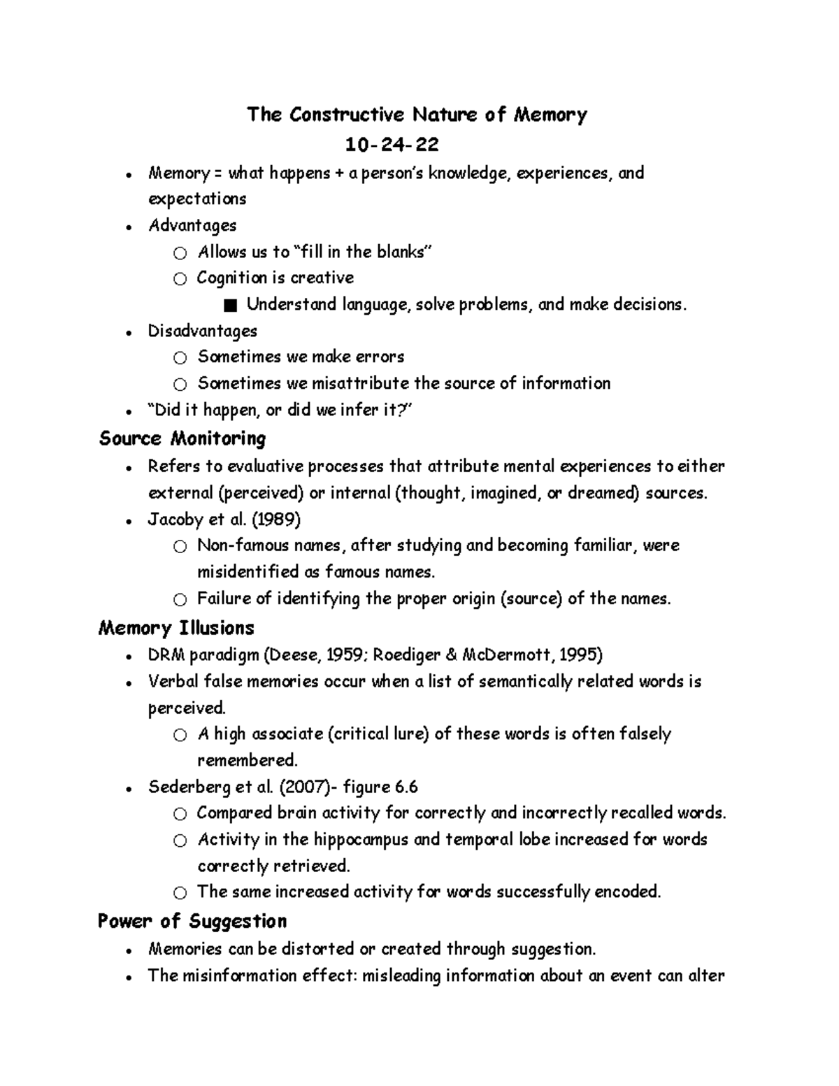 The Constructive Nature of Memory - The Constructive Nature of Memory 10-24- Memory = what ...