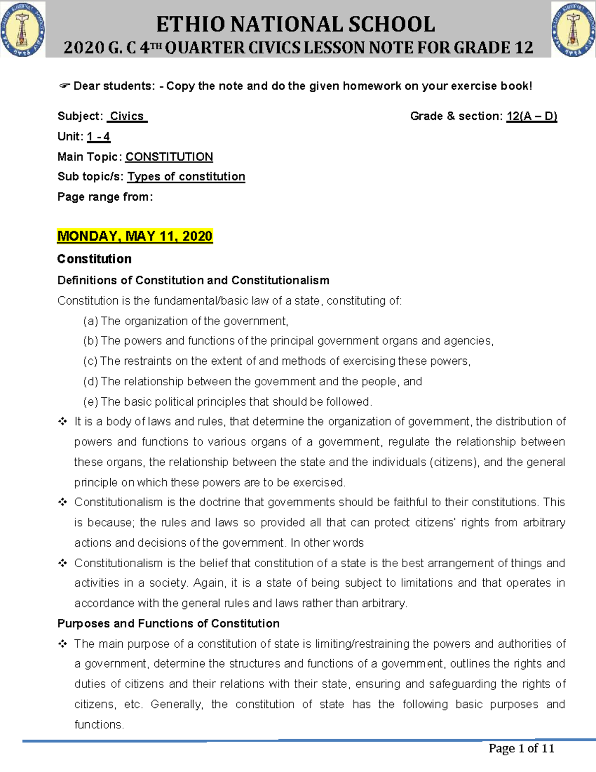 1 CIV NOTE U 1-4 11 - Civics notes - Dear students: - Copy the note and ...
