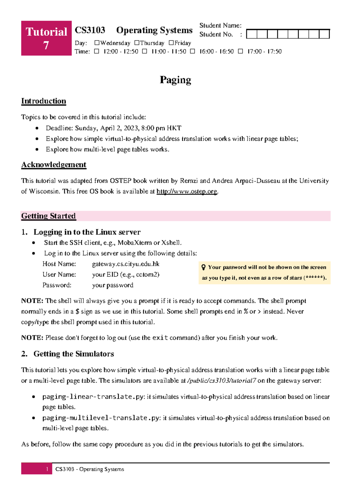 CS3103-Tutorial-7 - tutorial - Tutorial 7 CS3103 Operating Systems Student Name: Student No ...