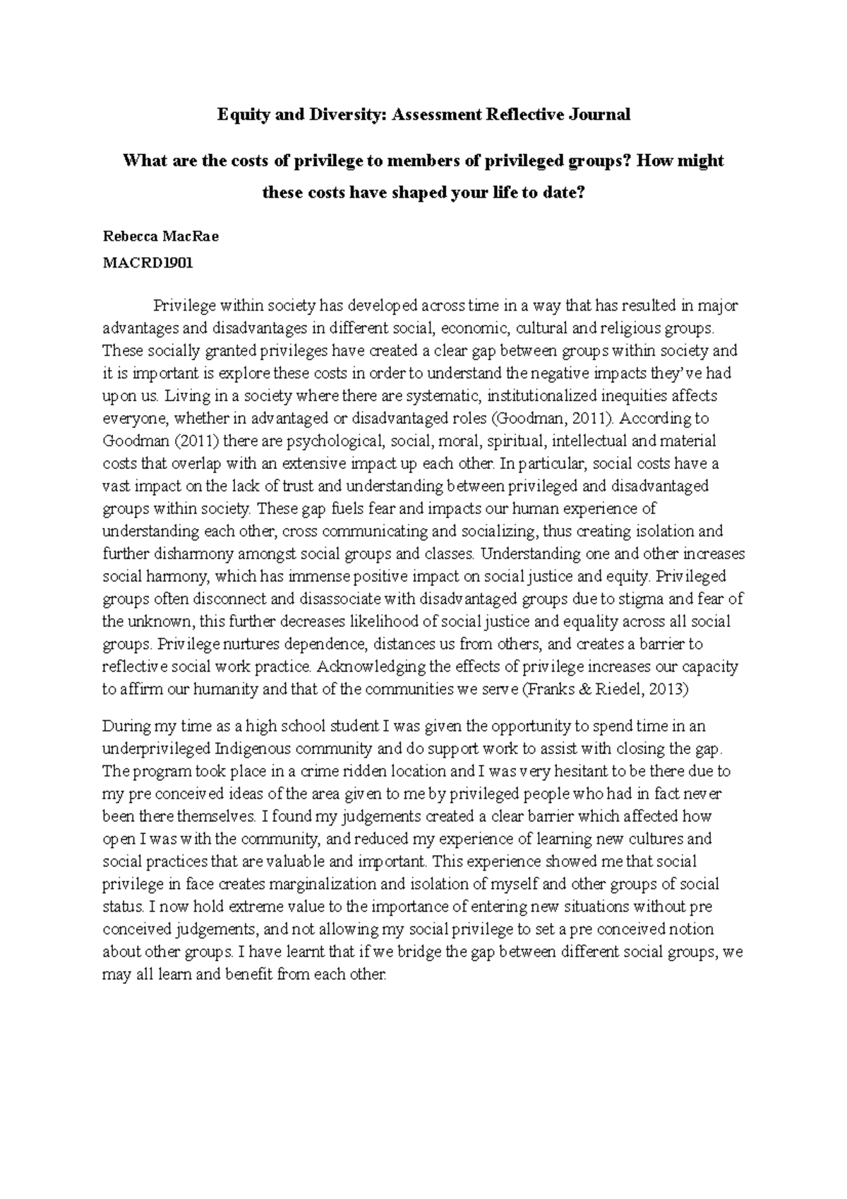 Reflective Journal Question 1 - Equity and Diversity: Assessment ...