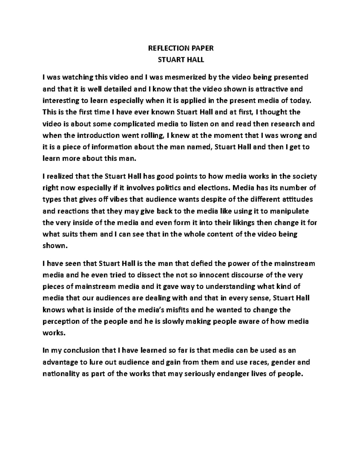 Reflection Paper- Stuart HALL - REFLECTION PAPER STUART HALL I was ...