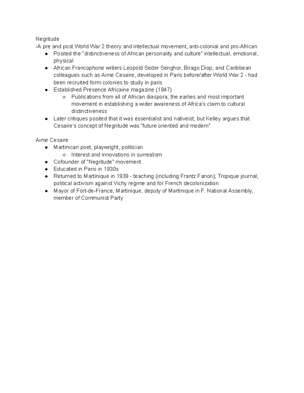 6 - lecture notes from Dr. Waterhouse - Negritude -A pre and post World ...