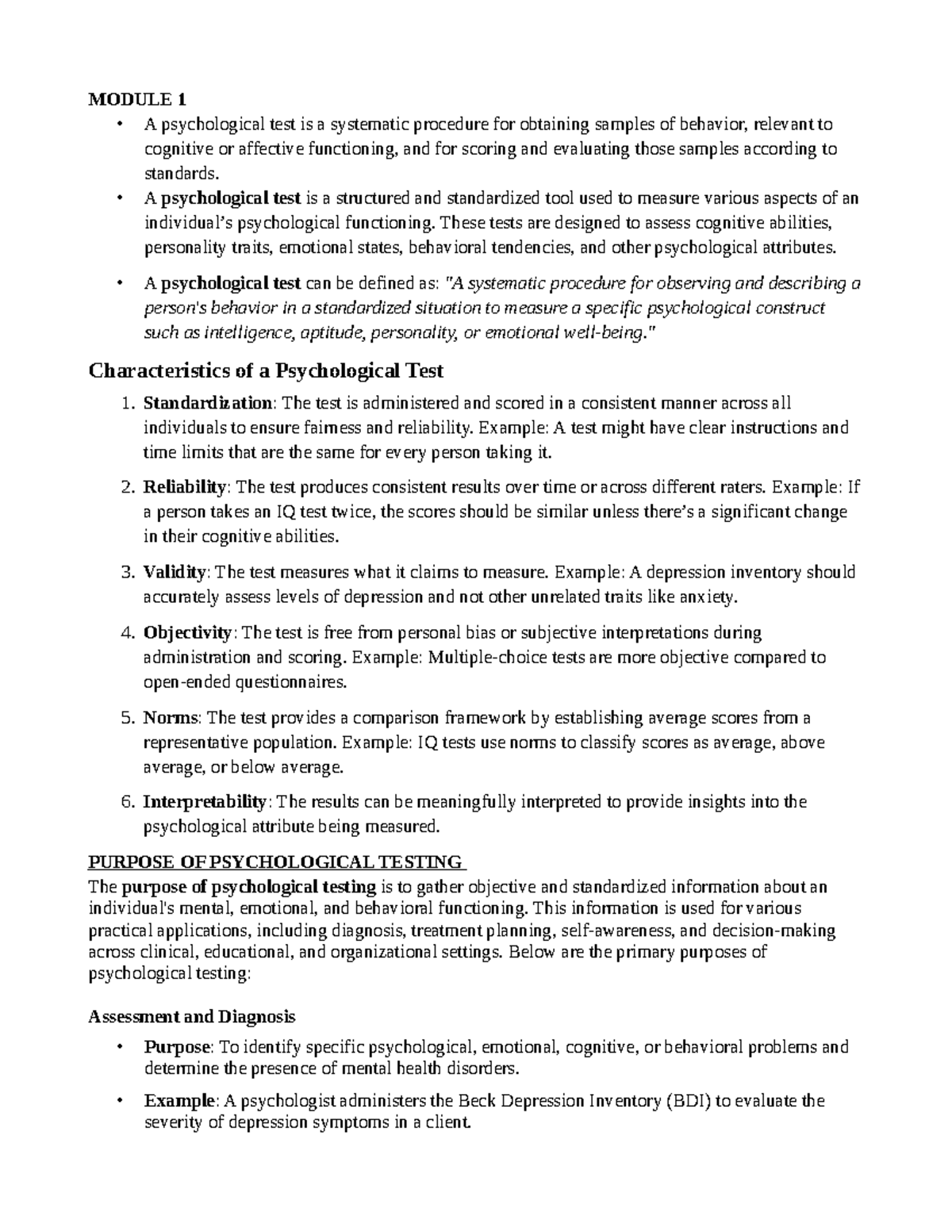 Assessment & Diagnosis notes Module 1 - MODULE 1 A psychological test ...